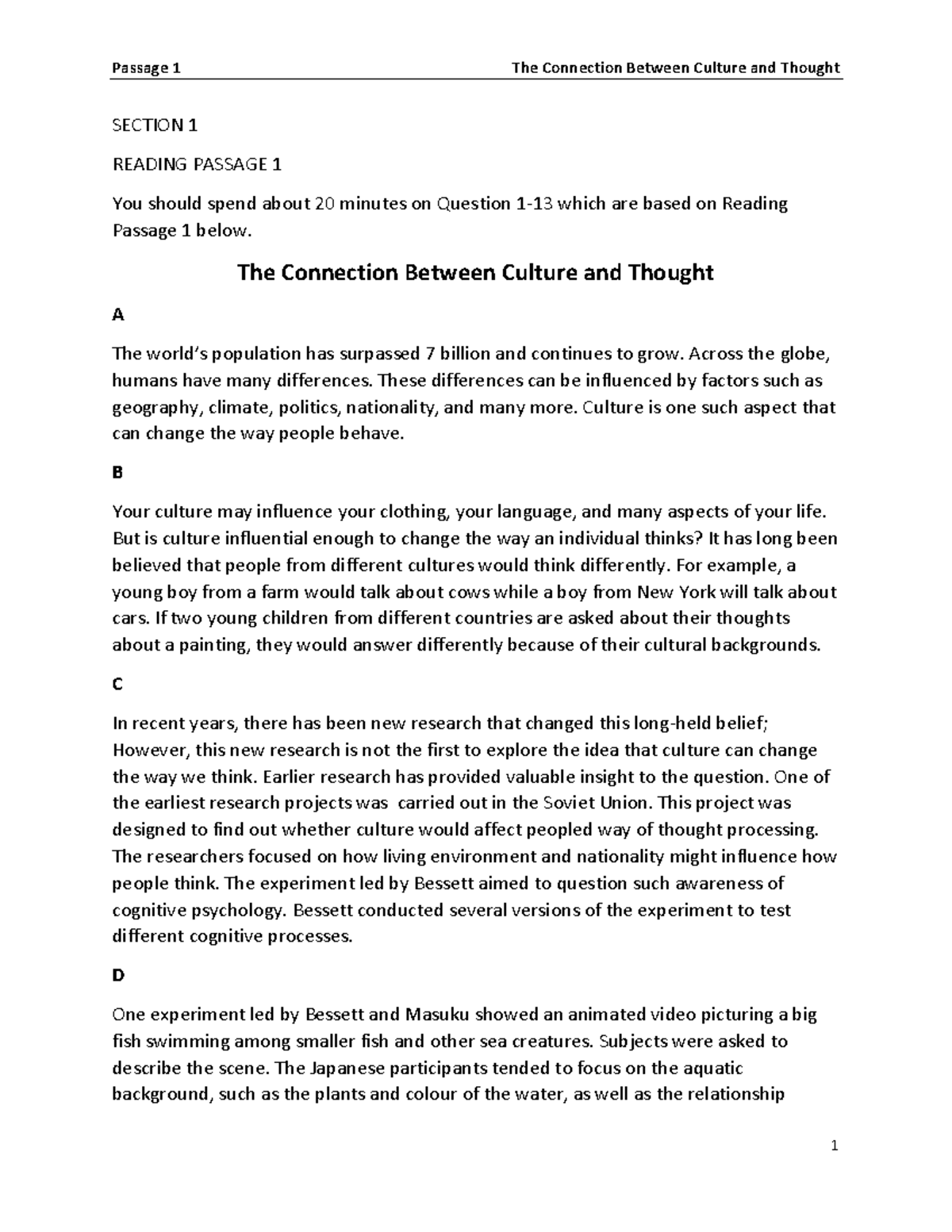 93 Passage 1 - The Connection Between Culture and Thought Q1-13 ...