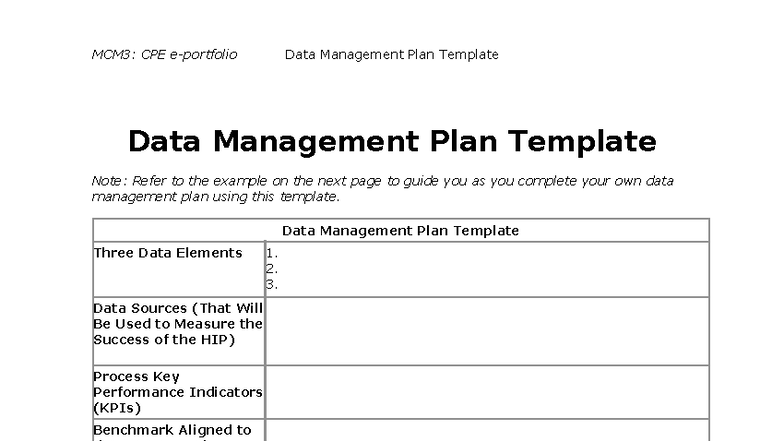 MCM3: Data Management Plan Template & Example D159 - Studocu