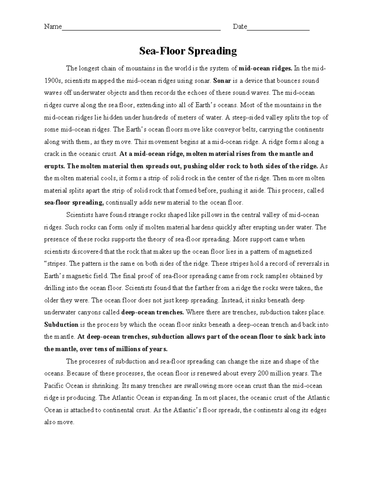 Sea Floor Spreading Worksheet with Answer Key for 1k69y7w - Studocu