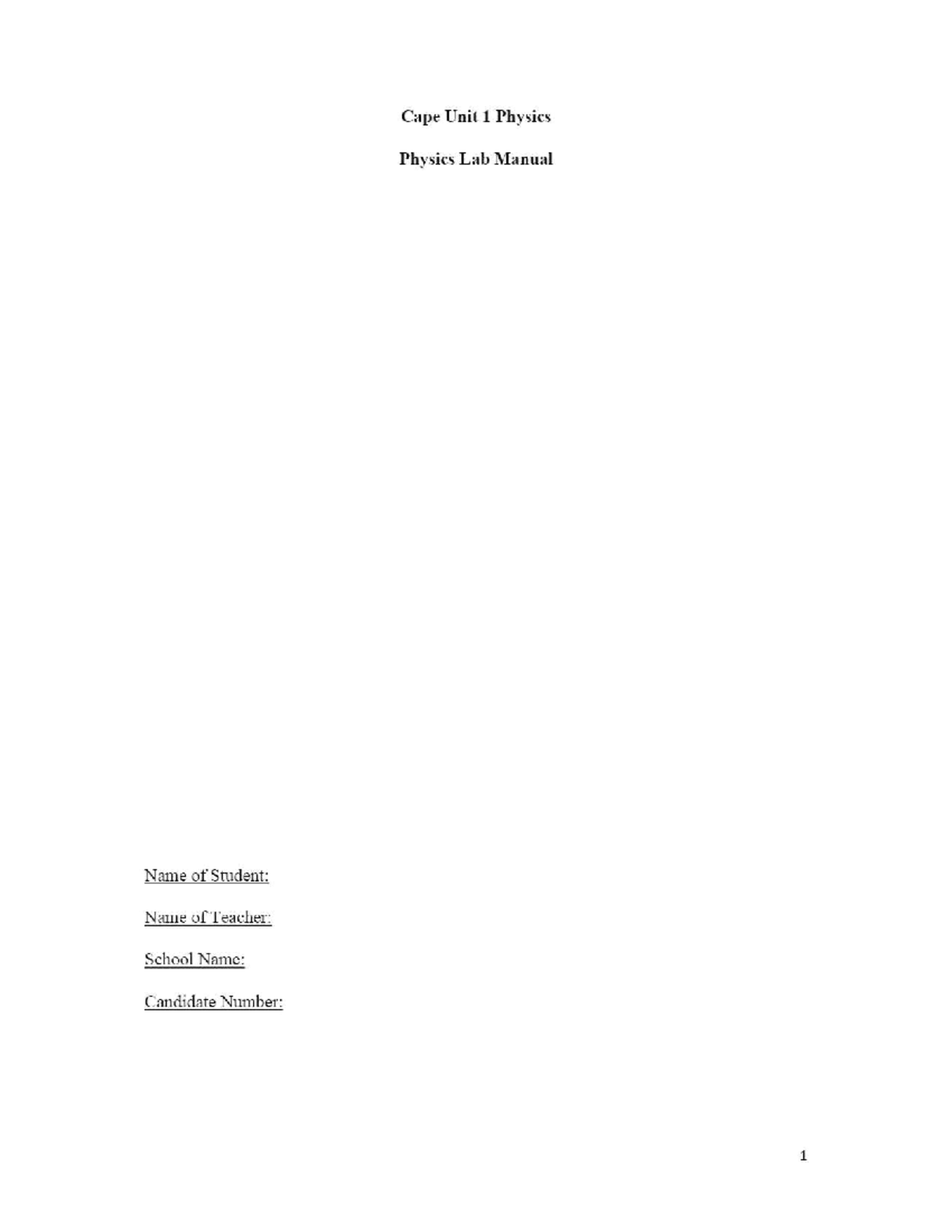 Cape Physics Unit 1 Lab Manual: Experiments on Motion and Forces - Studocu