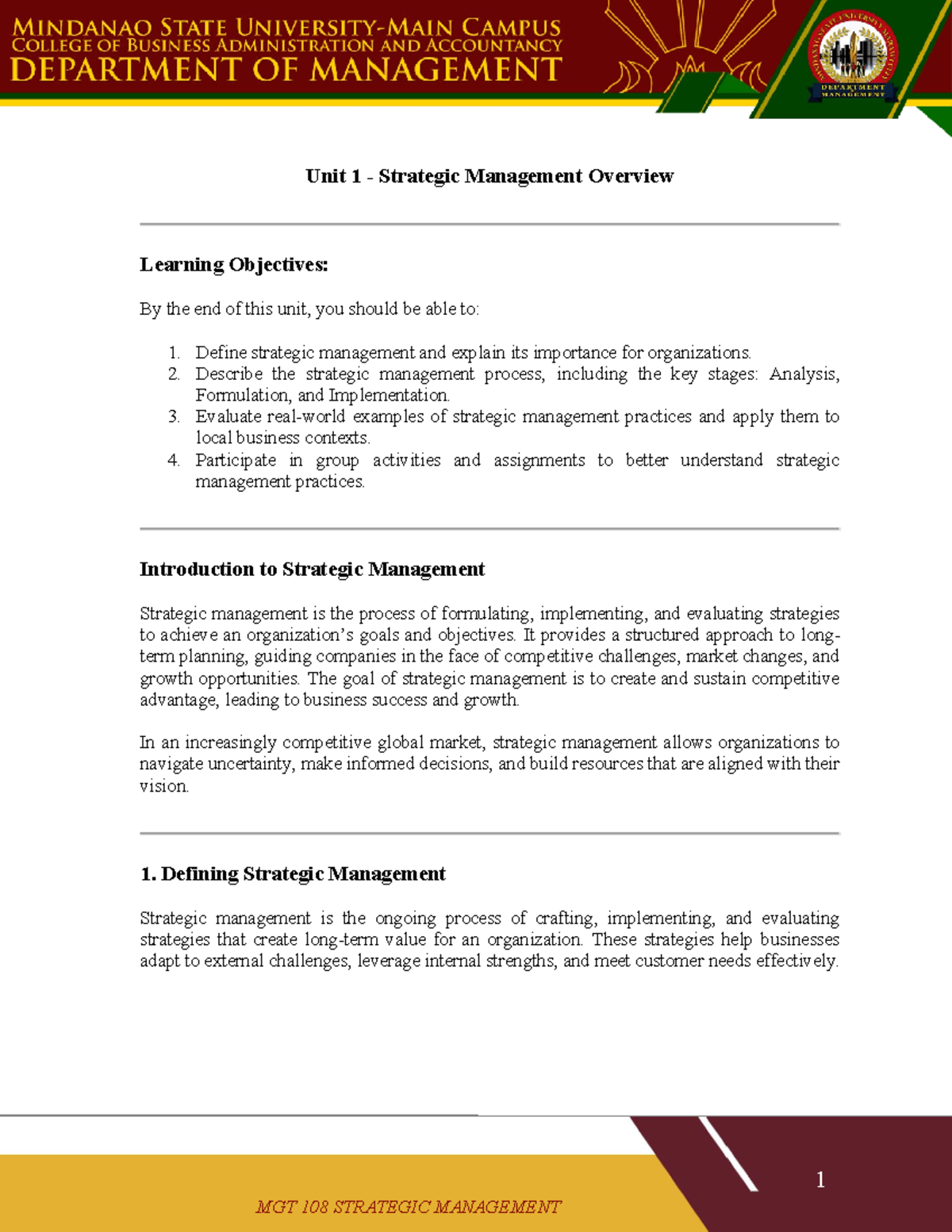 Unit 1 Strategic Management Overview - 1 Unit 1 - Strategic Management Overview Learning ...
