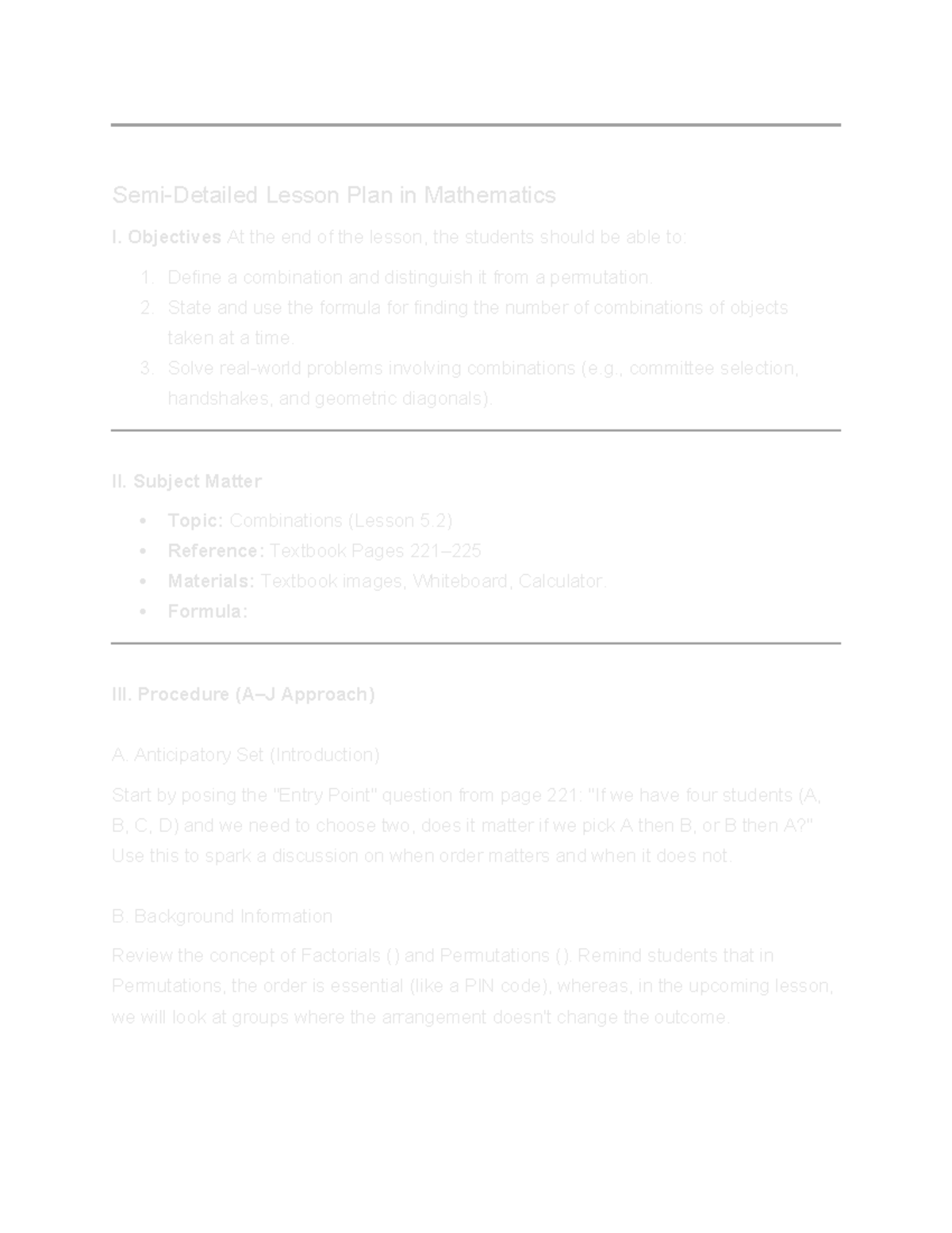 Mathematics I Lesson Plan: Understanding Combinations (Lesson 5.2 ...