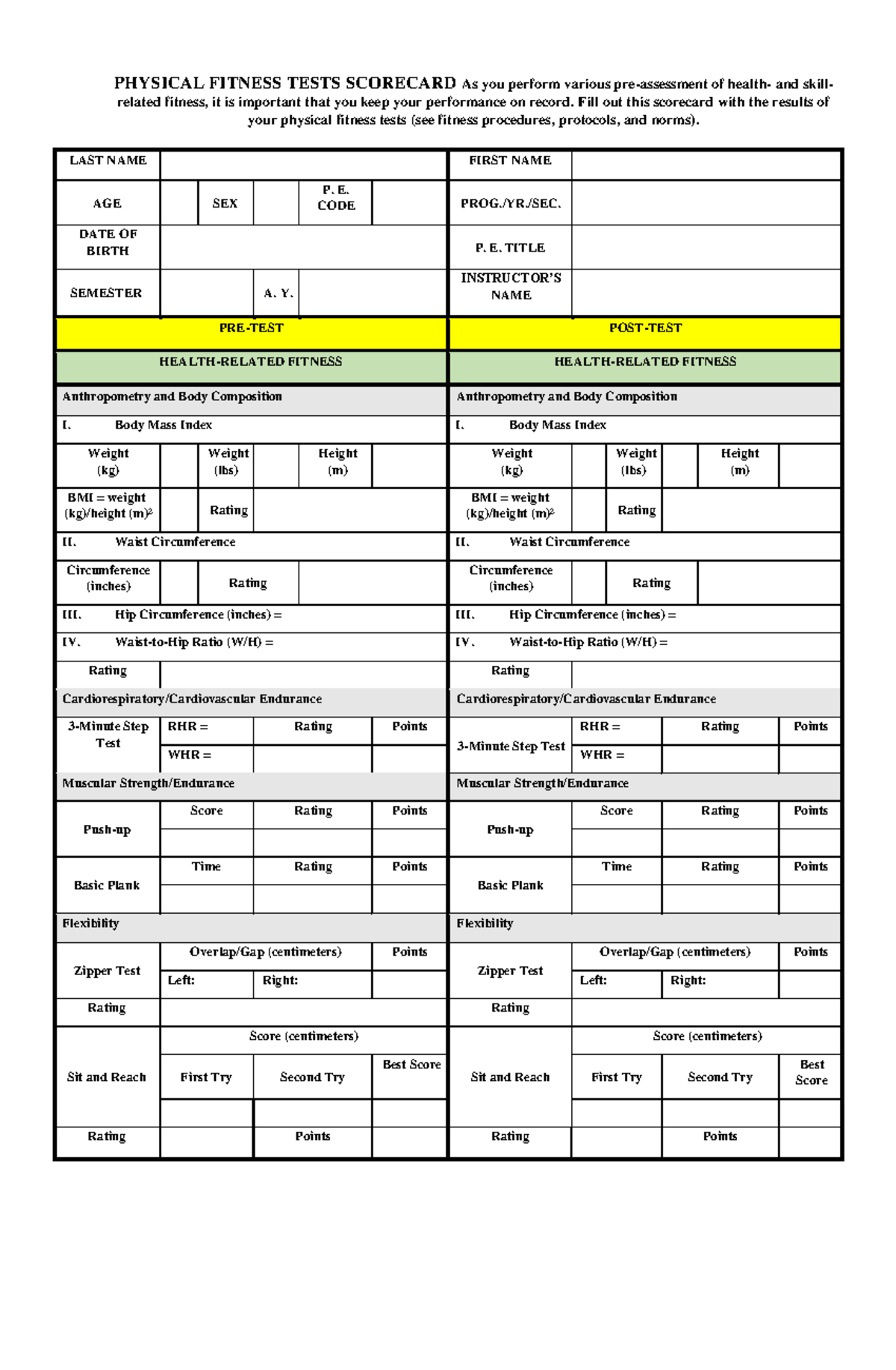 PFT-122 Physical Fitness Tests Scorecard and Results Template - Studocu