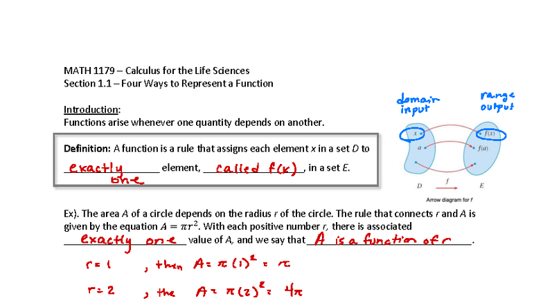 MATH 1179 Calculus for Life Sciences: Section 1.1 Function ...