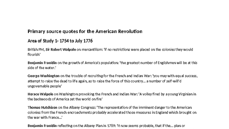 Primary Source Quotes on the American Revolution (1754-1776) - Studocu