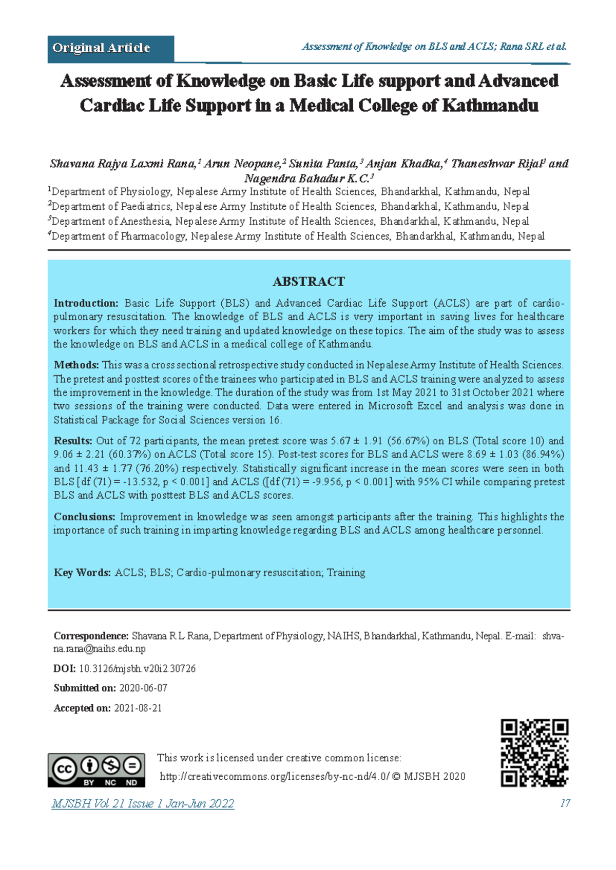 Assessment of Knowledge on BLS and ACLS at NAIHS: A Study - Studocu