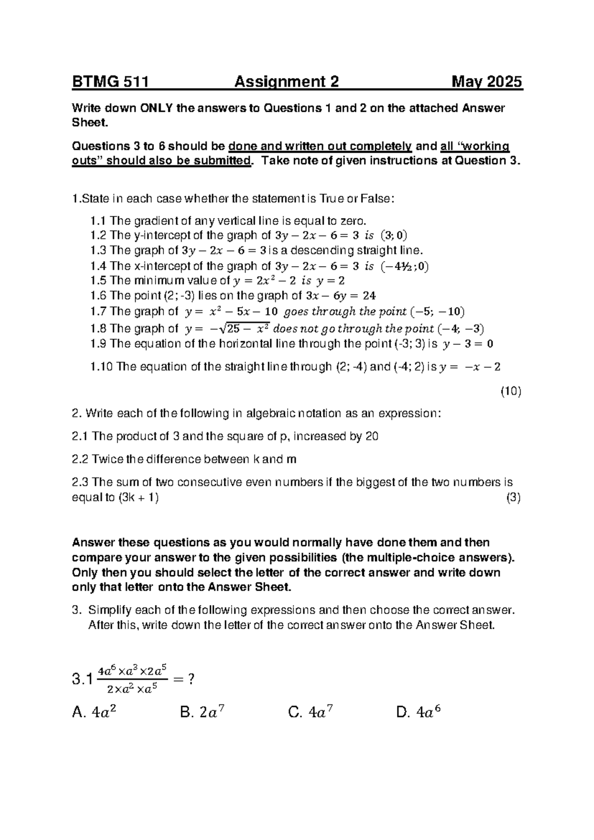 BTMG 511 Assignment 2: Answers to Questions 1-6 and Graphs - Studocu