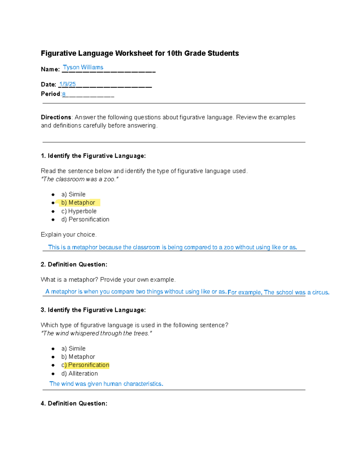 10th Grade Figurative Language Worksheet: Concepts & Exercises - Studocu