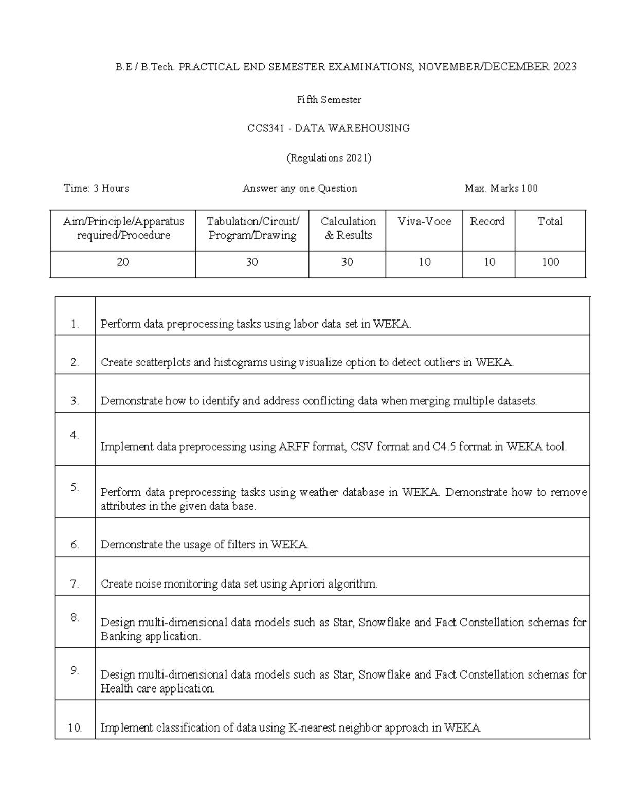 CCS341 Data Warehousing Practical Exam Questions - Nov 2023 - Studocu