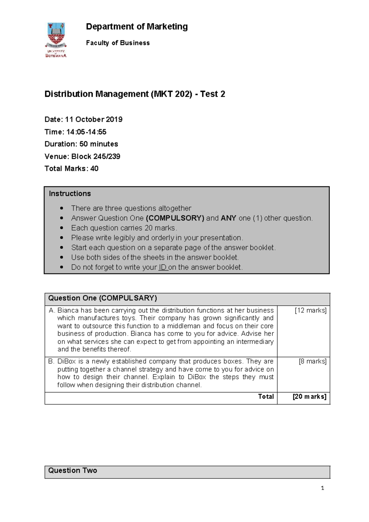 MKT 202 Test 2: Distribution Management Exam Questions - Studocu