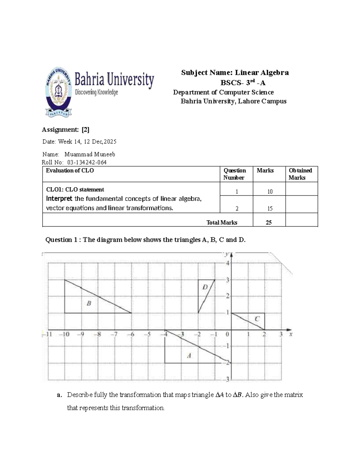 LA 064 Assignment: Linear Transformations & Python Code Analysis - Studocu