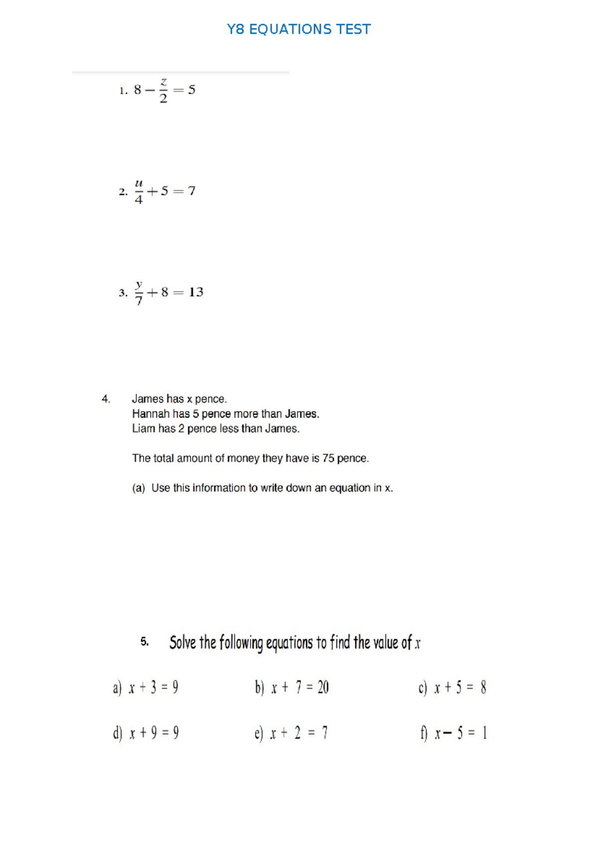 Y8 equations end of section test - Year 8 Maths - Y8 EQUATIONS TEST 5 ...