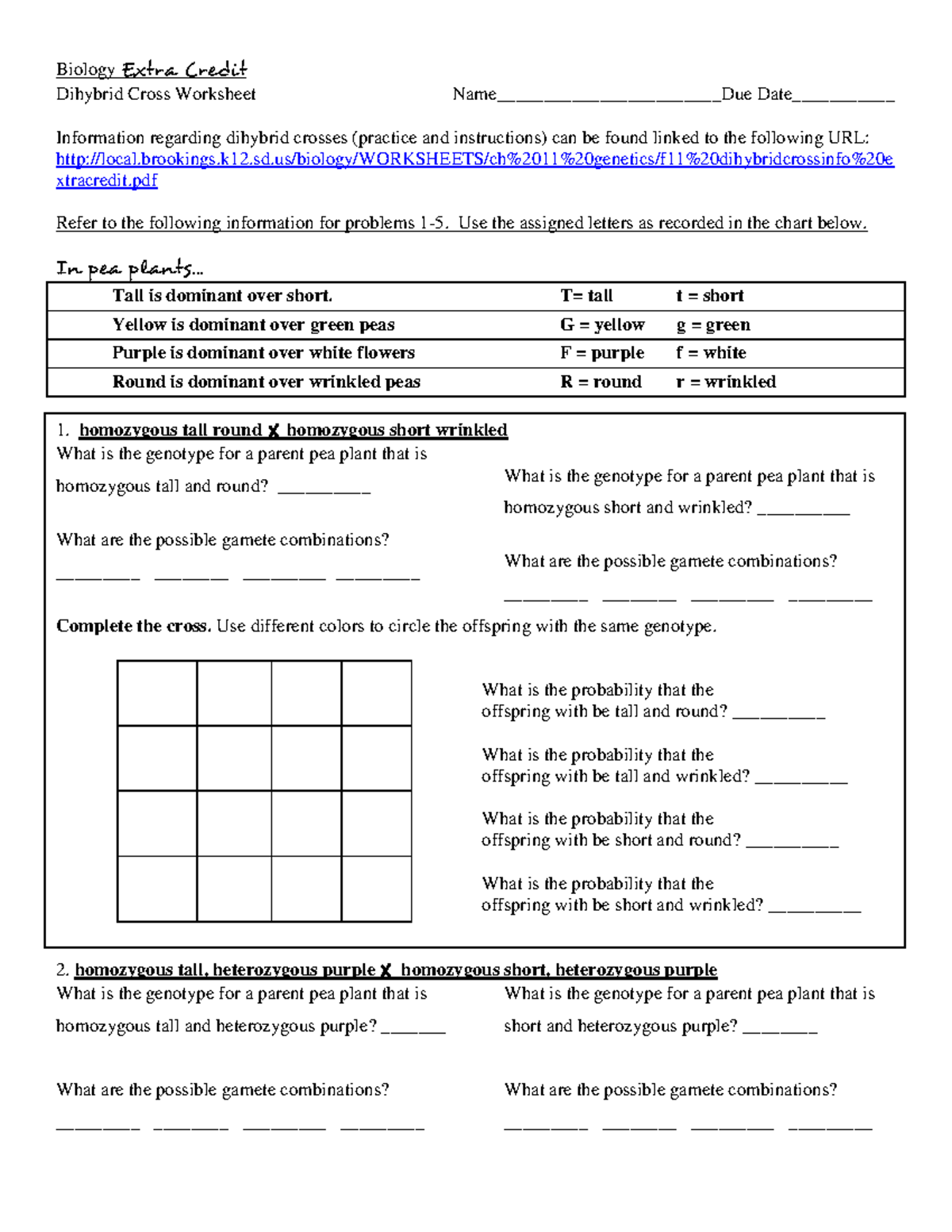 Dihybrid Cross Practice Worksheet for Biology Extra Credit (BIO 101 ...
