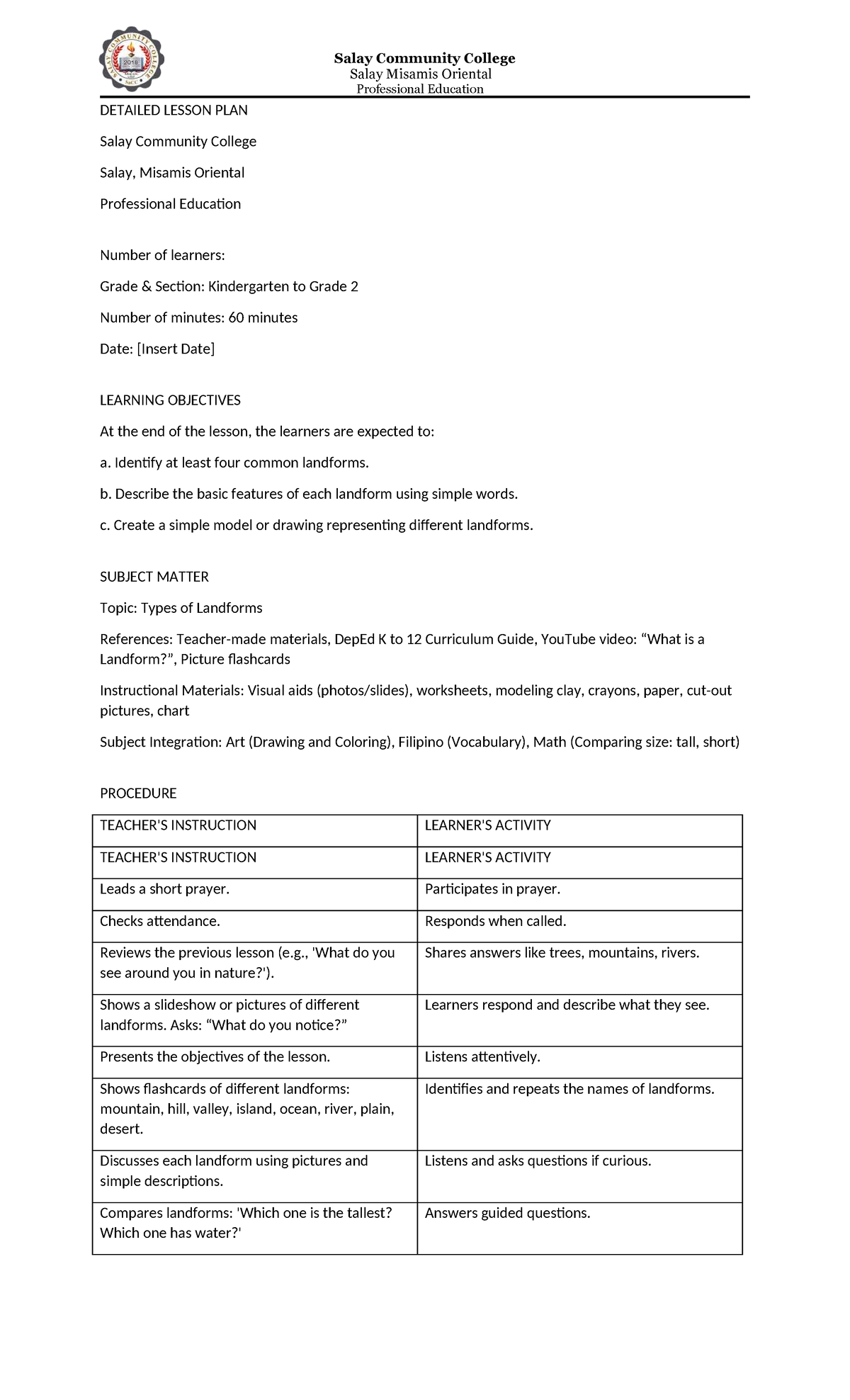 Detailed lesson plan on landforms for Kindergarten to Grade 2 - Studocu