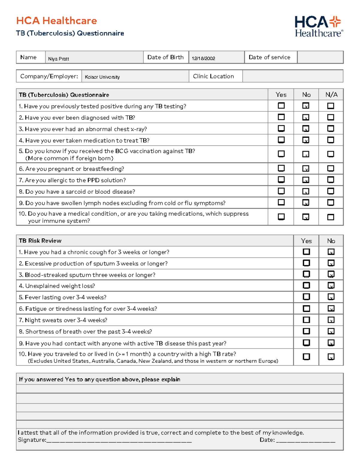 Hca west fl tb questionnaire - - Studocu
