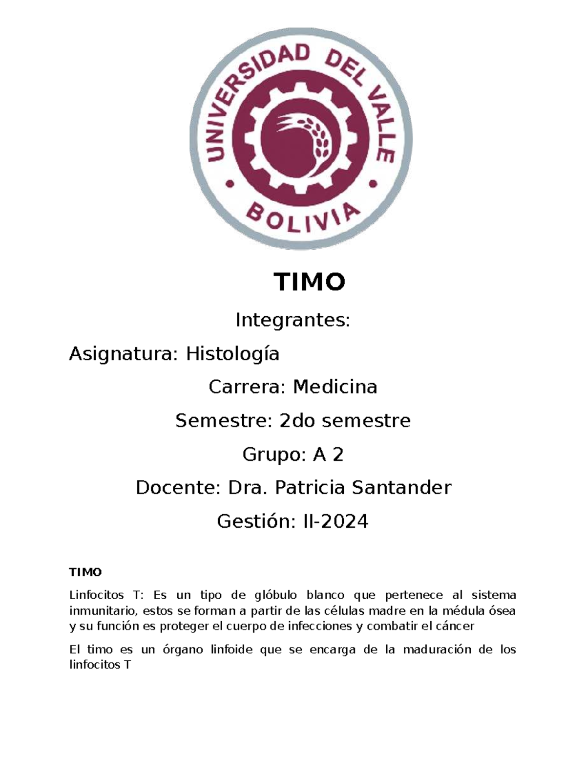 TIMO 2do semestre: Histología del timo y linfocitos T - Studocu