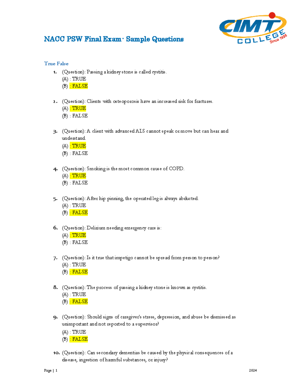 NACC PSW Final Exam Sample Questions: True/False & Multiple Choice - Studocu