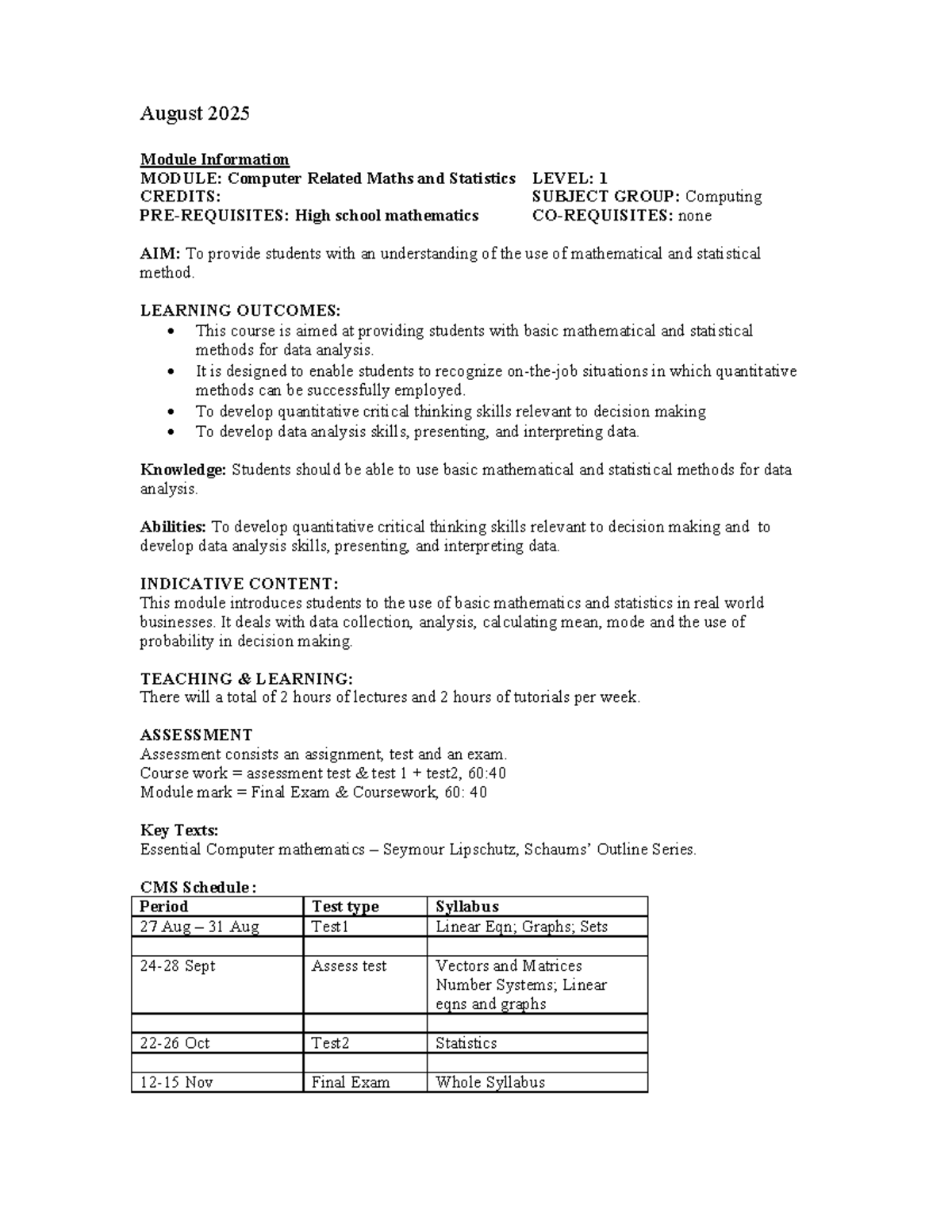 Syllabus for Computer Related Maths & Stats (Level 1) - Studocu