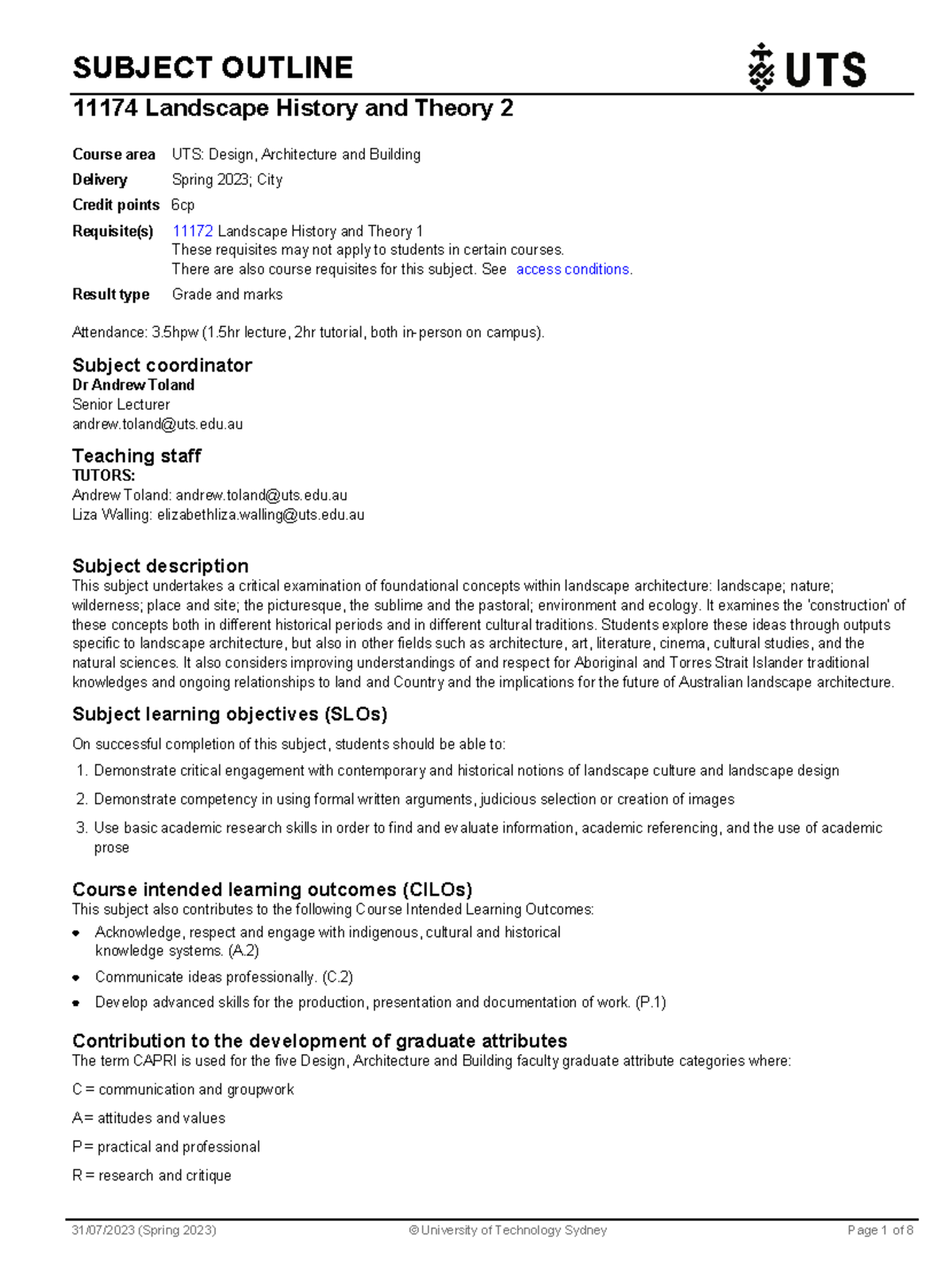 Subject Outline- H&T - SUBJECT OUTLINE 11174 Landscape History and ...