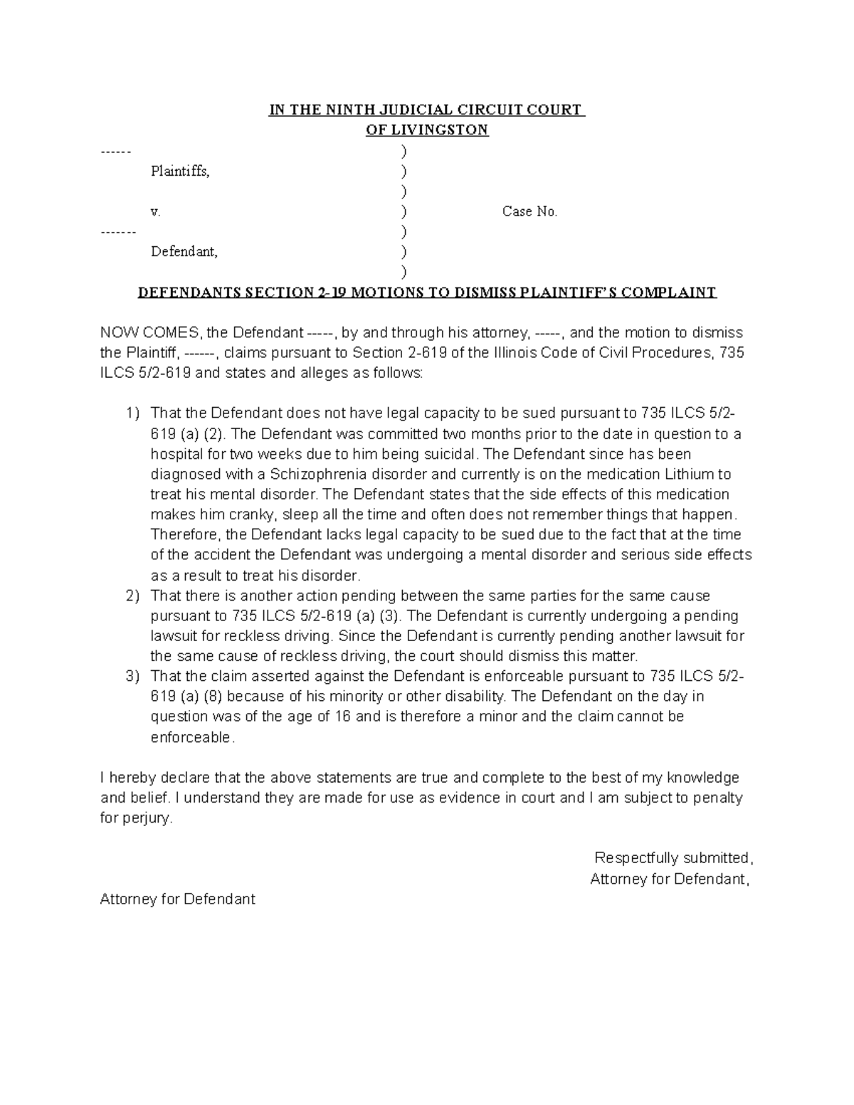 Motion to Dismiss Example Under 735 ILCS 5/2-619 Guidelines - Studocu