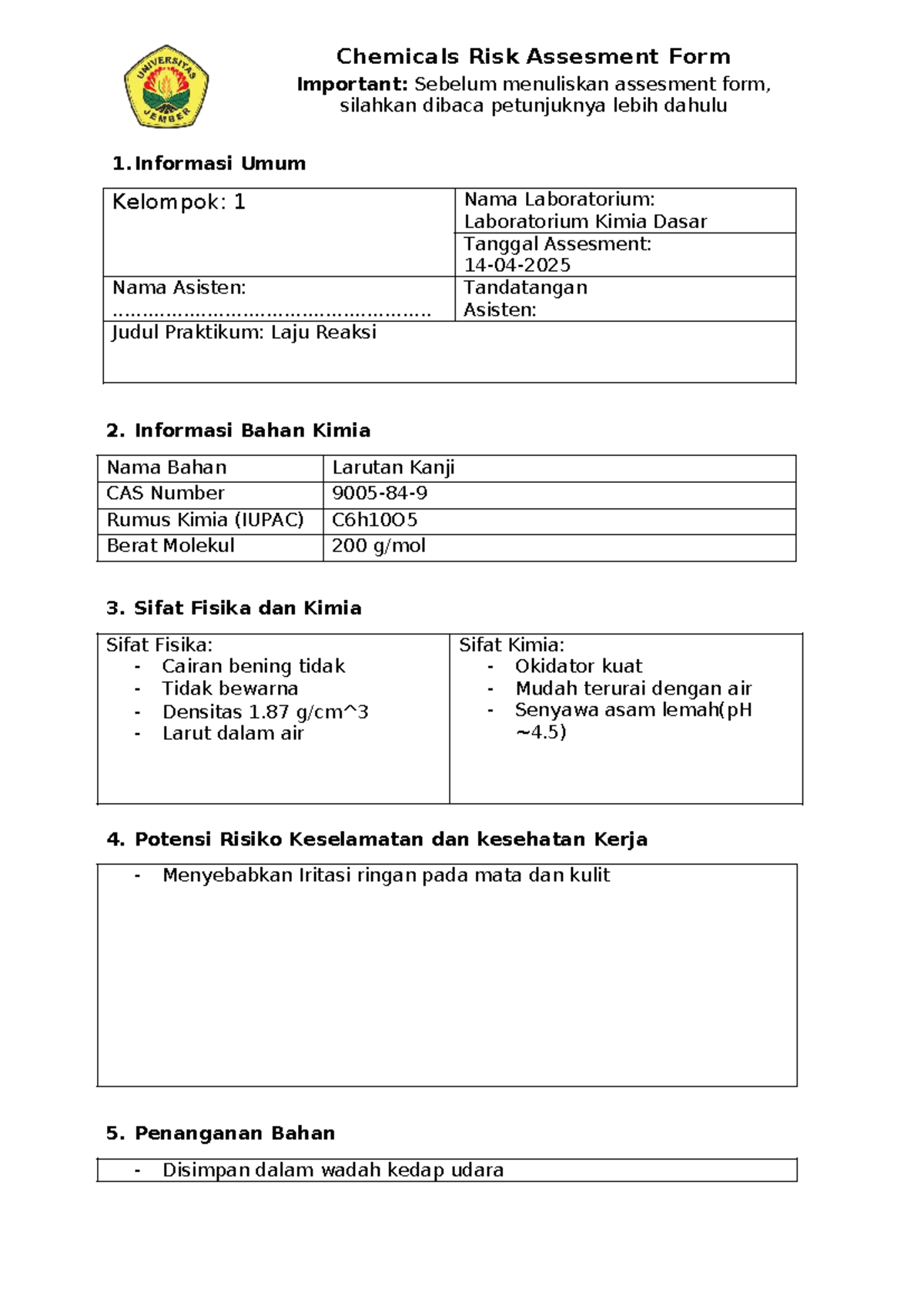 MSDS - Assessment Form for Basic Chemistry Lab (Lab 1) - Studocu