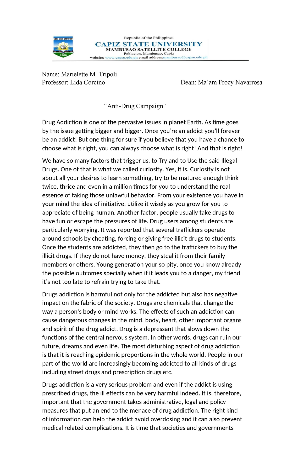 Anti-Drug Campaign Speech: Addressing Addiction's Epidemic - Studocu