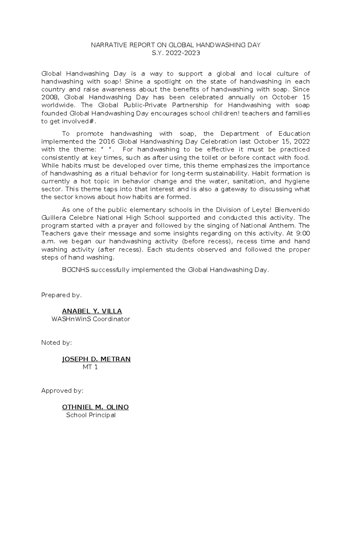 Narrative Report on Global Handwashing Day 2022 Celebrations - Studocu