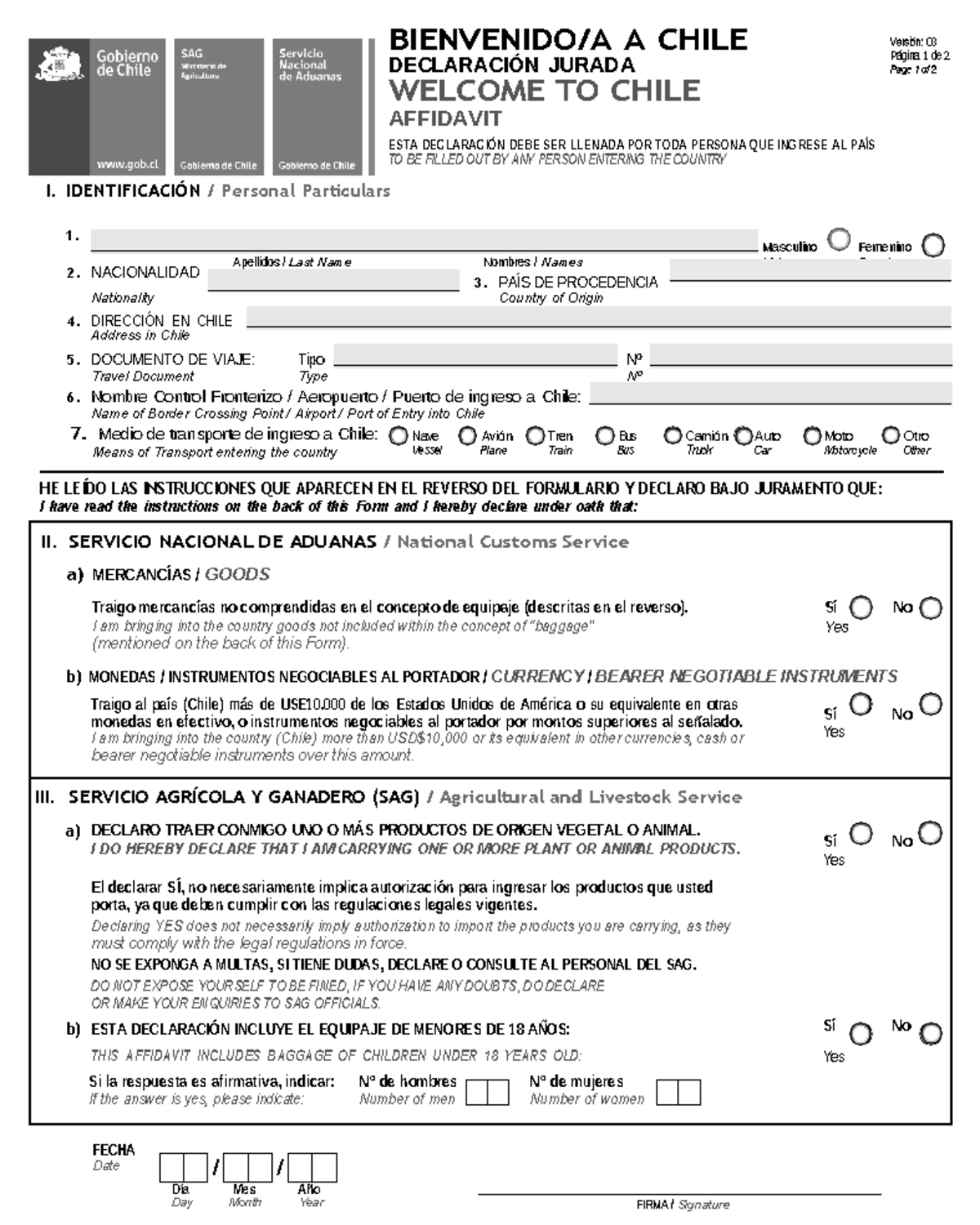 Declaracion conjunta sag aduanas - BIENVENIDO/A A CHILE DECLARACIÓN ...
