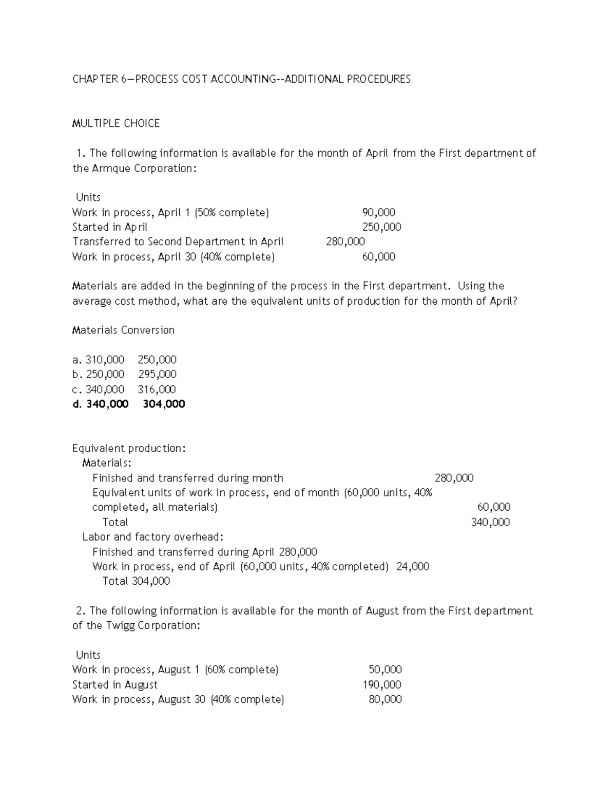 Chapter 6 - Process Cost Accounting Q&A for ACC 2014 Final Exam - Studocu
