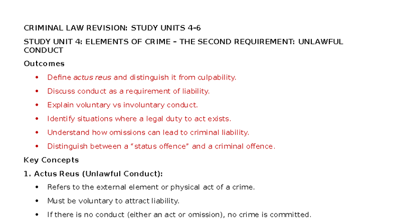 CRIMINAL LAW REVISION: STUDY UNIT 4 & 5 - ELEMENTS OF CRIME & CAPACITY ...