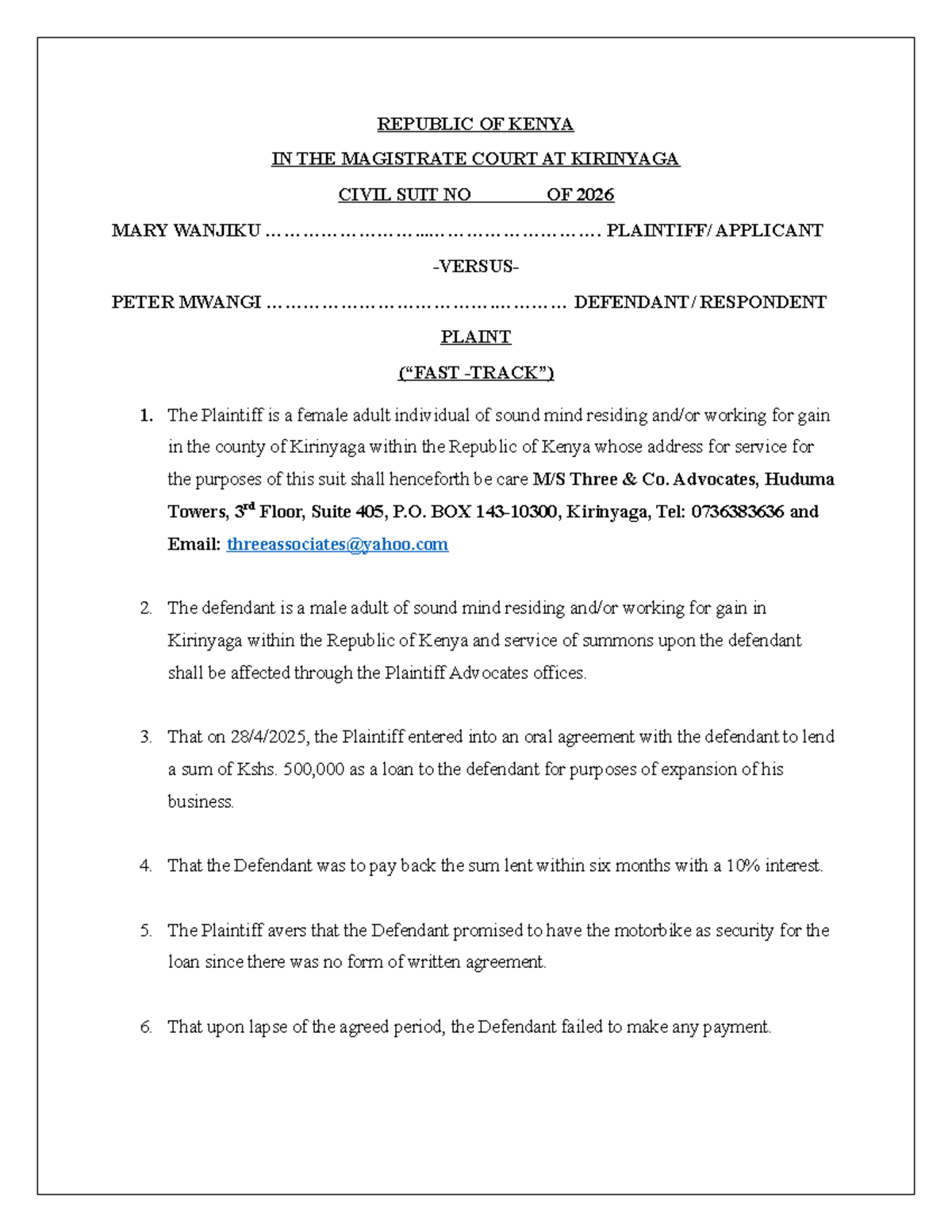 Civil Suit No. 2026: Mary Wanjiku vs. Mwangi - Plaintiff's Case - Studocu