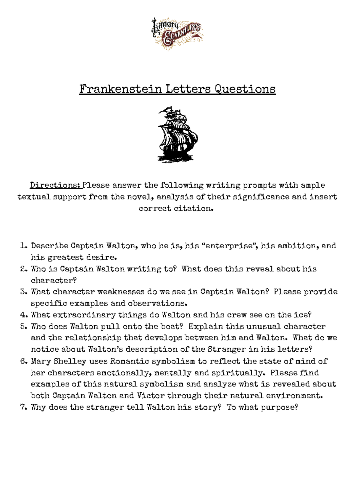 Frankenstein Letters Question Quiz - Frankenstein Letters Questions ...