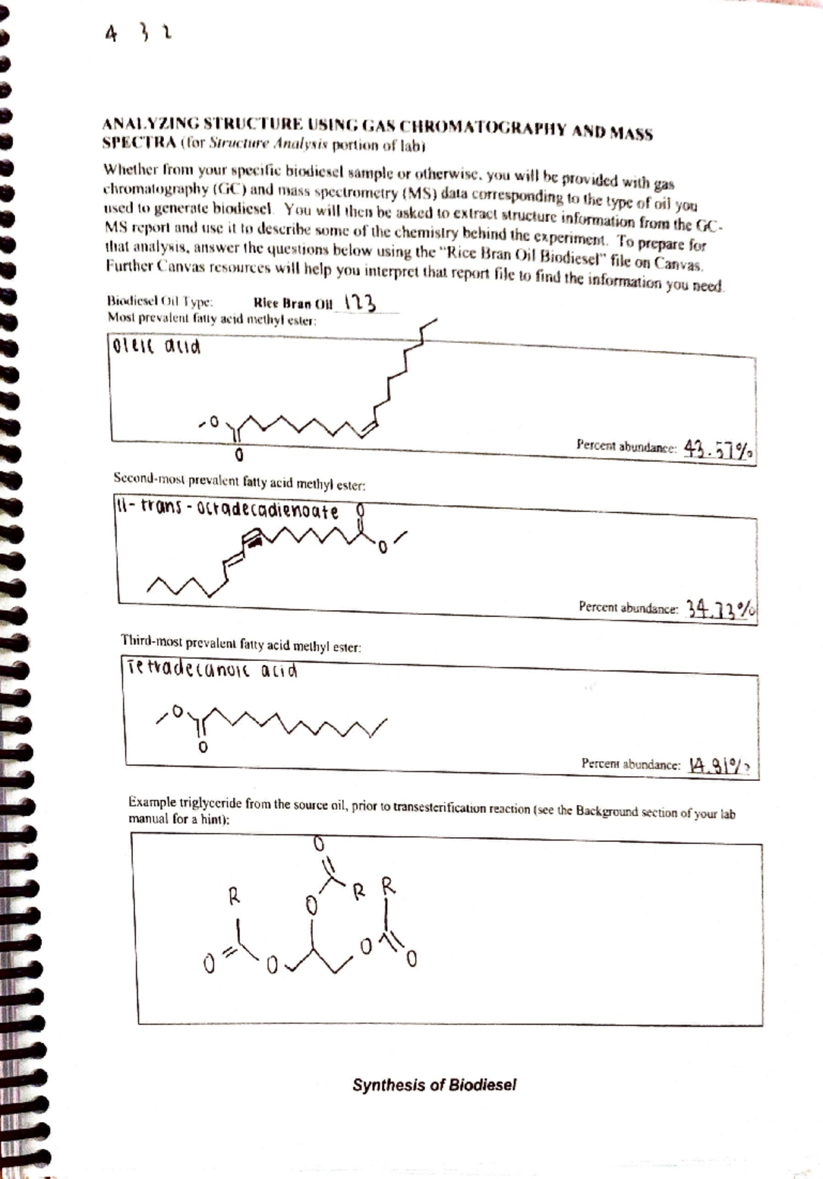 Lab 432: Analysis of Biodiesel Structure via GC and MS Techniques - Studocu