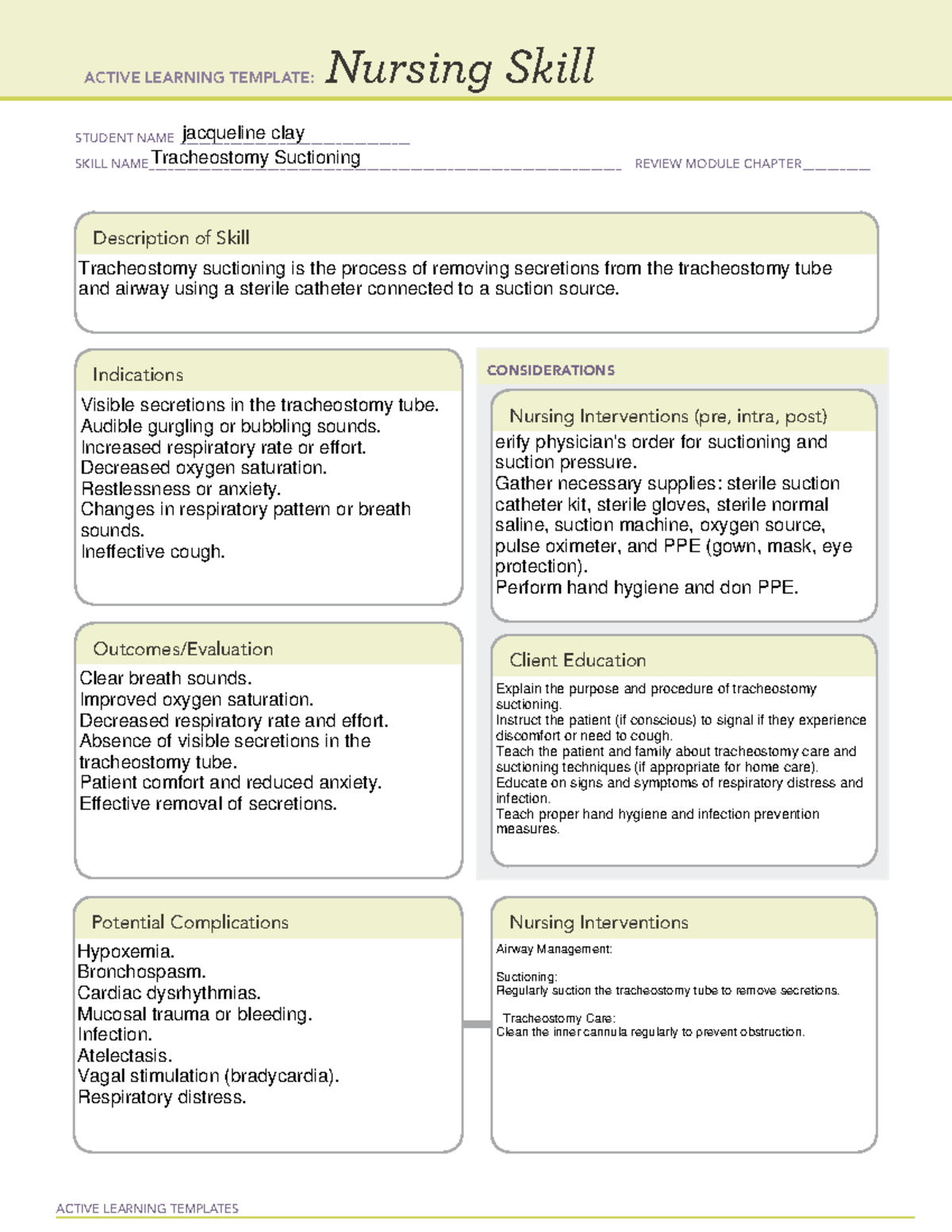 Active learning template: Nursing skill - Tracheostomy suctioning - Studocu
