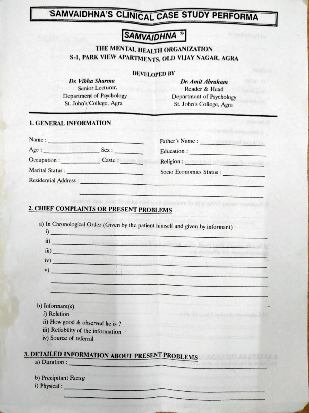 Clinical Case Study Format for Psychology: SAMVAIDHNA's Performa - Studocu