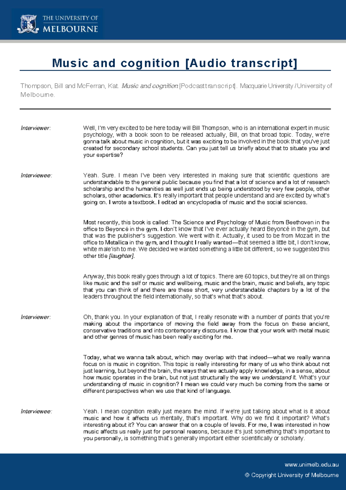 MUSI2014 9+Music+and+cognition+-+Podcast+transcript - unimelb.edu Music ...