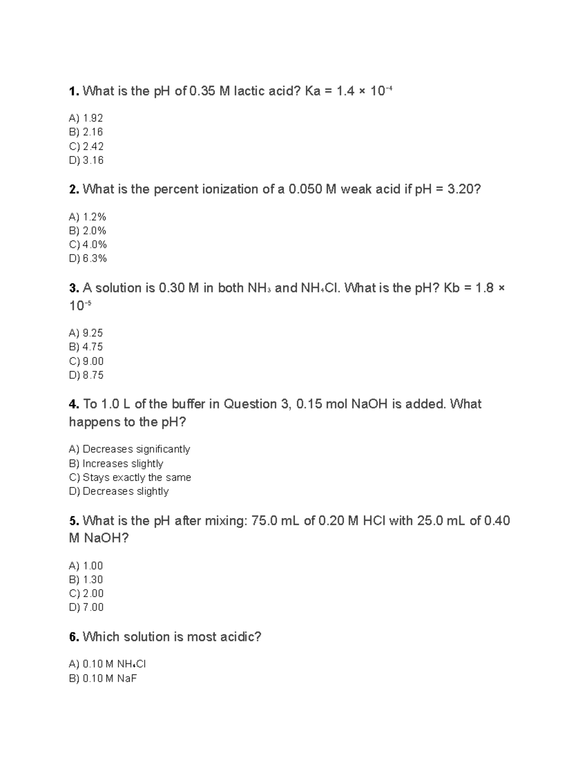 Chem 101: Chemistry Practice Exam 2 - pH and Acid-Base Concepts - Studocu