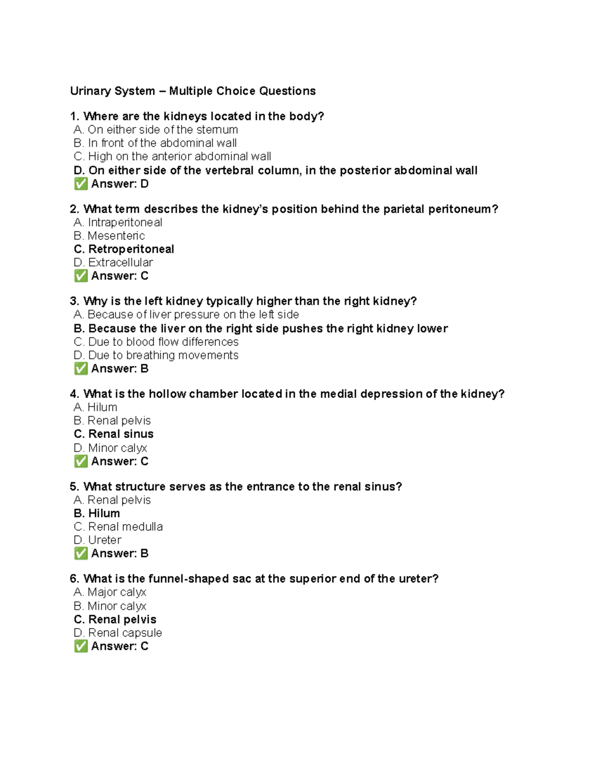 Urinary System - Comprehensive MCQs with Answers for Exam Prep - Studocu