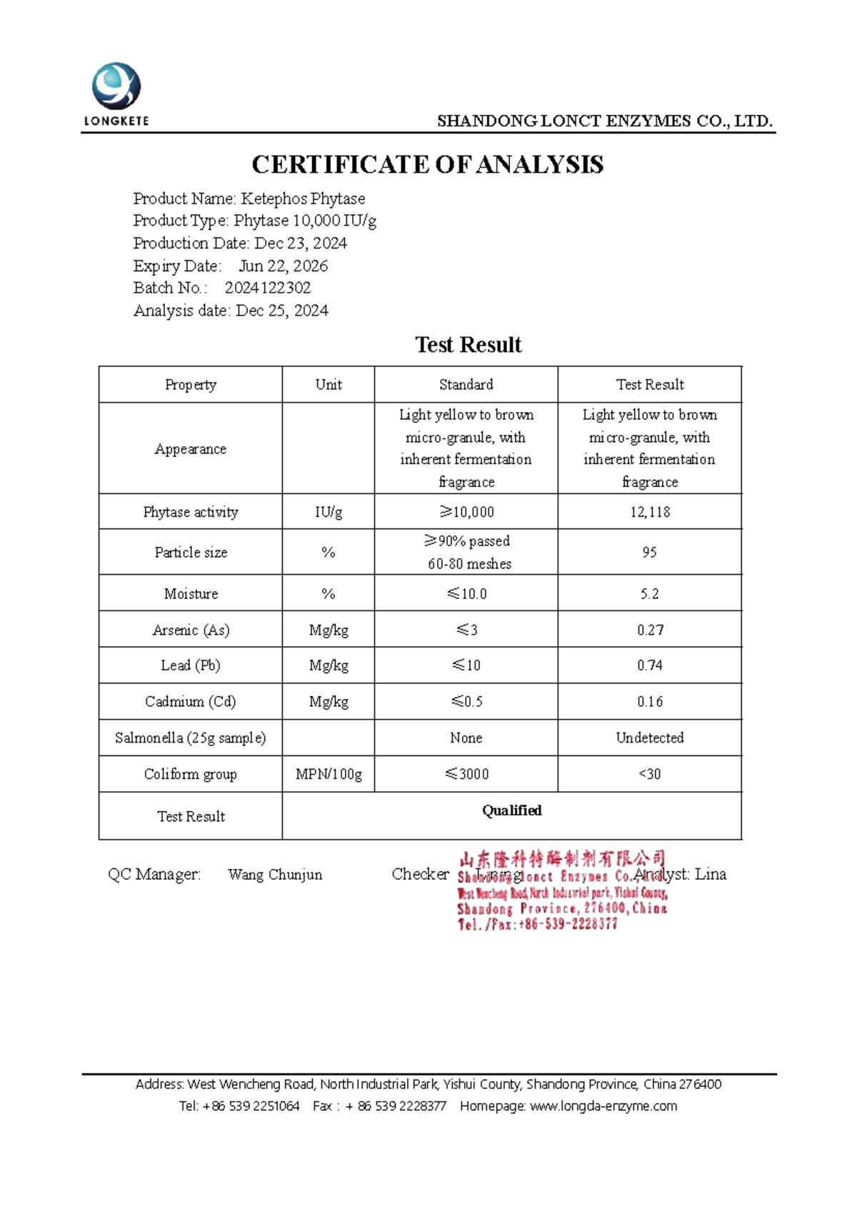SHANDONG LONCT COA for Ketephos Phytase (Batch 2024122302) - Studocu