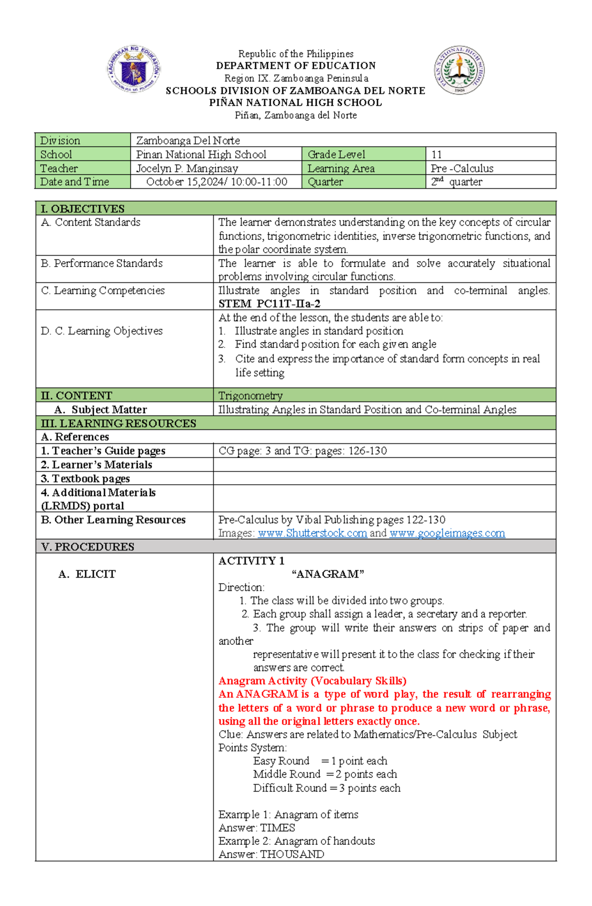 SPST 1 - Week 2 Day 3 Pre-Calculus Lesson Plan on Angles - Studocu