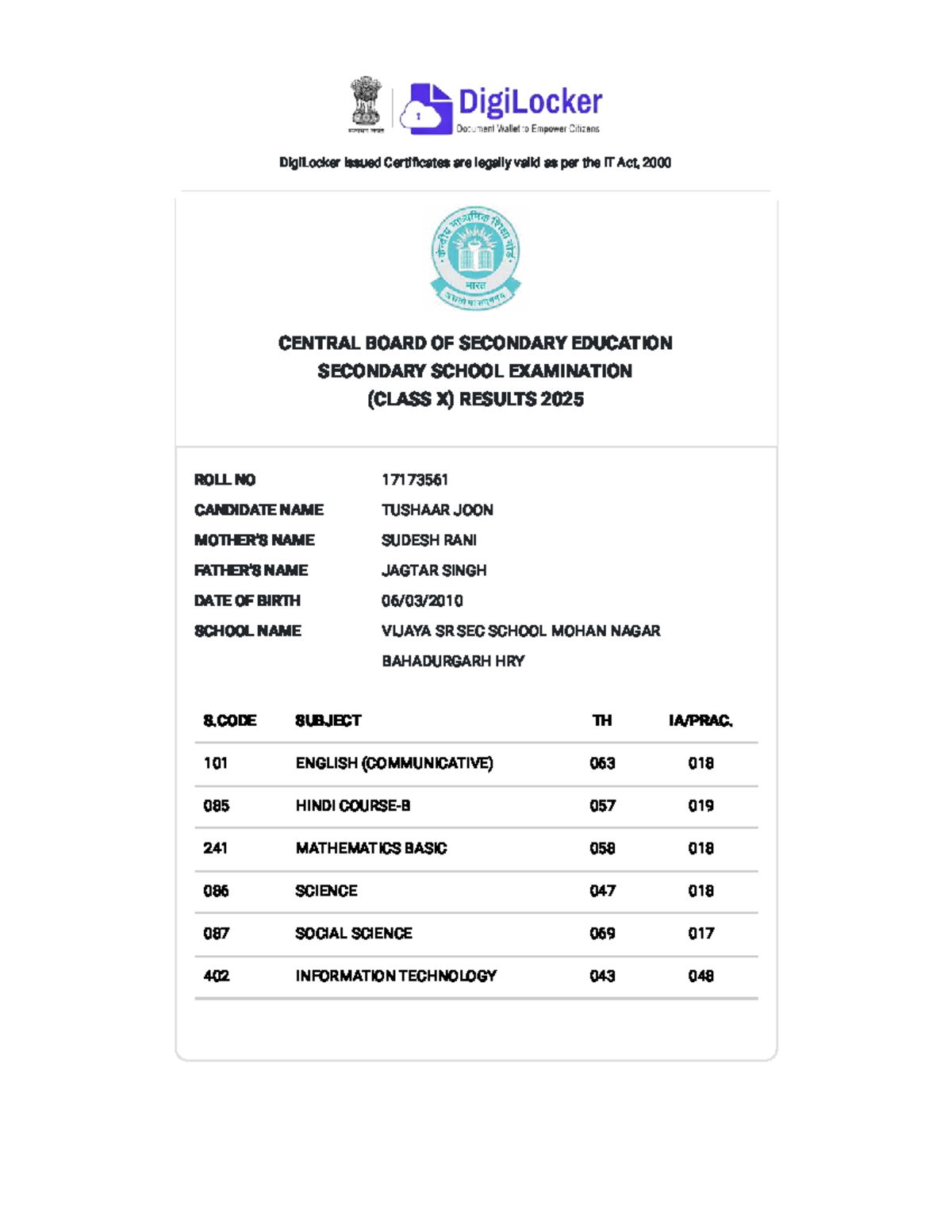 CBSE Xth 2025 Result - Q4raeg - DigiLocker Issued Certificates are ...