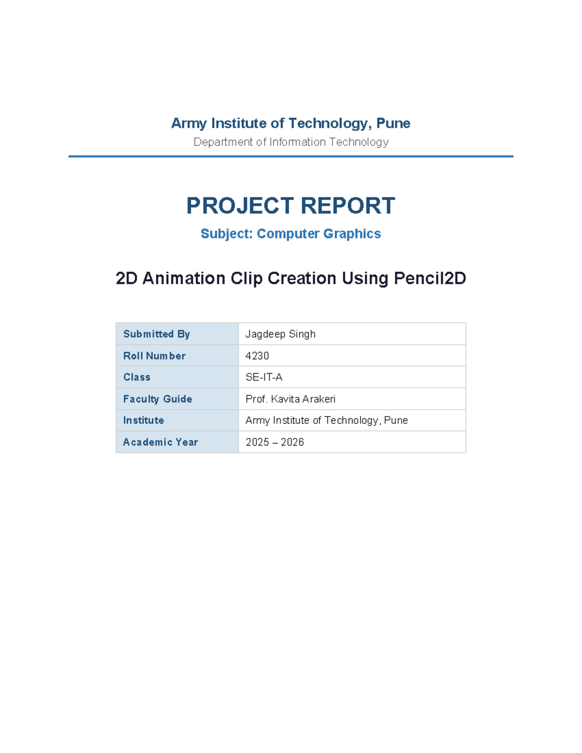 AIT Pune IT 2025-2026 Project Report: 2D Animation with Pencil2D - Studocu