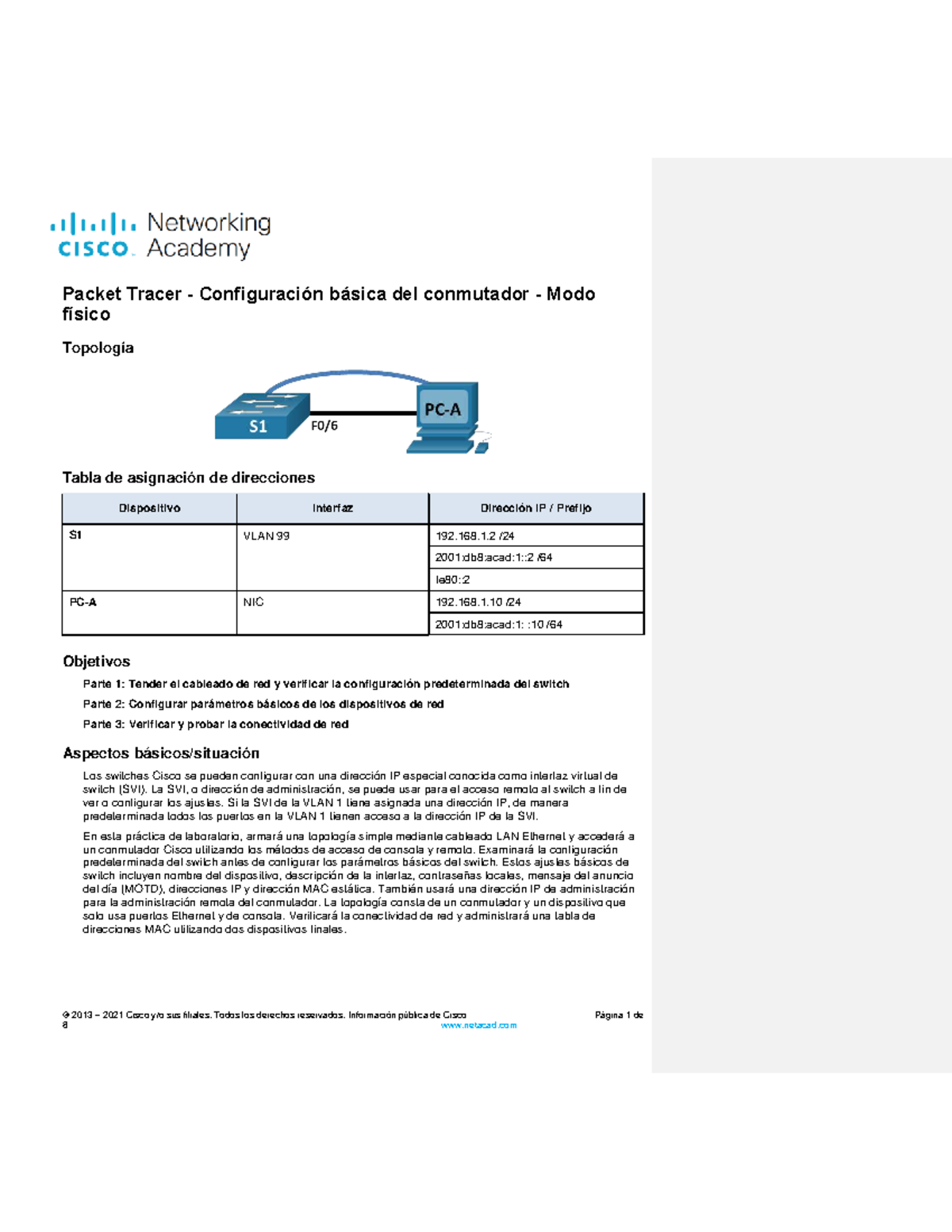 Packet Tracer - Configuración Básica del Switch (Módulo Físico) - Studocu