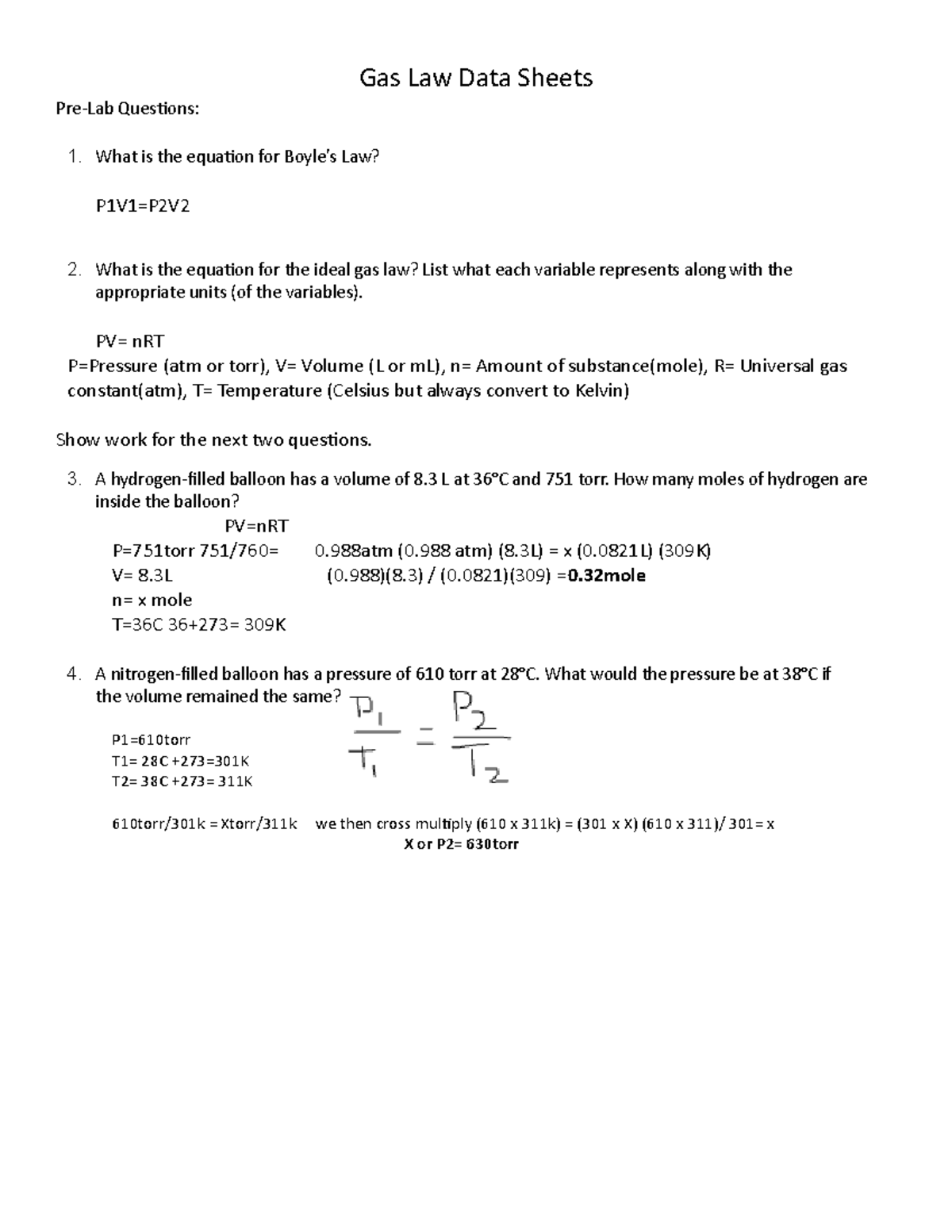 Gas laws lab - gas laws lab for intro to chem - Gas Law Data Sheets ...