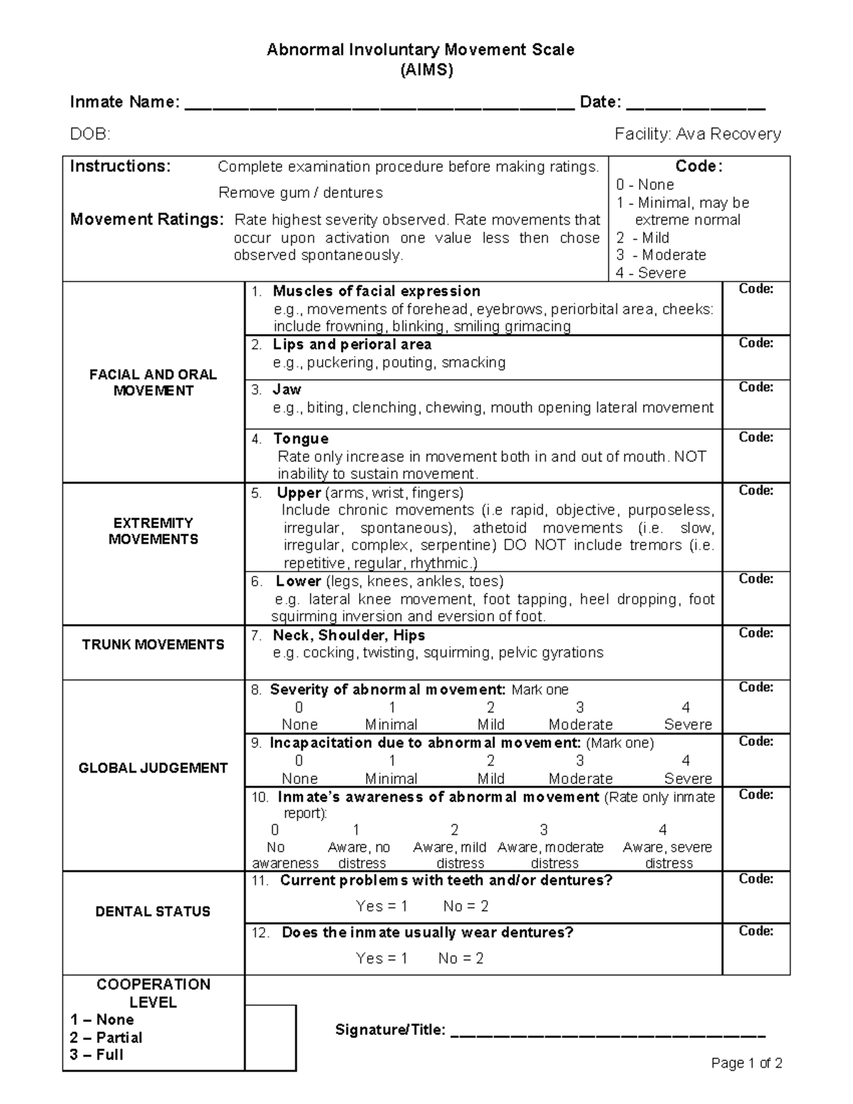 AIMS Evaluation: Abnormal Involuntary Movements Assessment Guide - Studocu