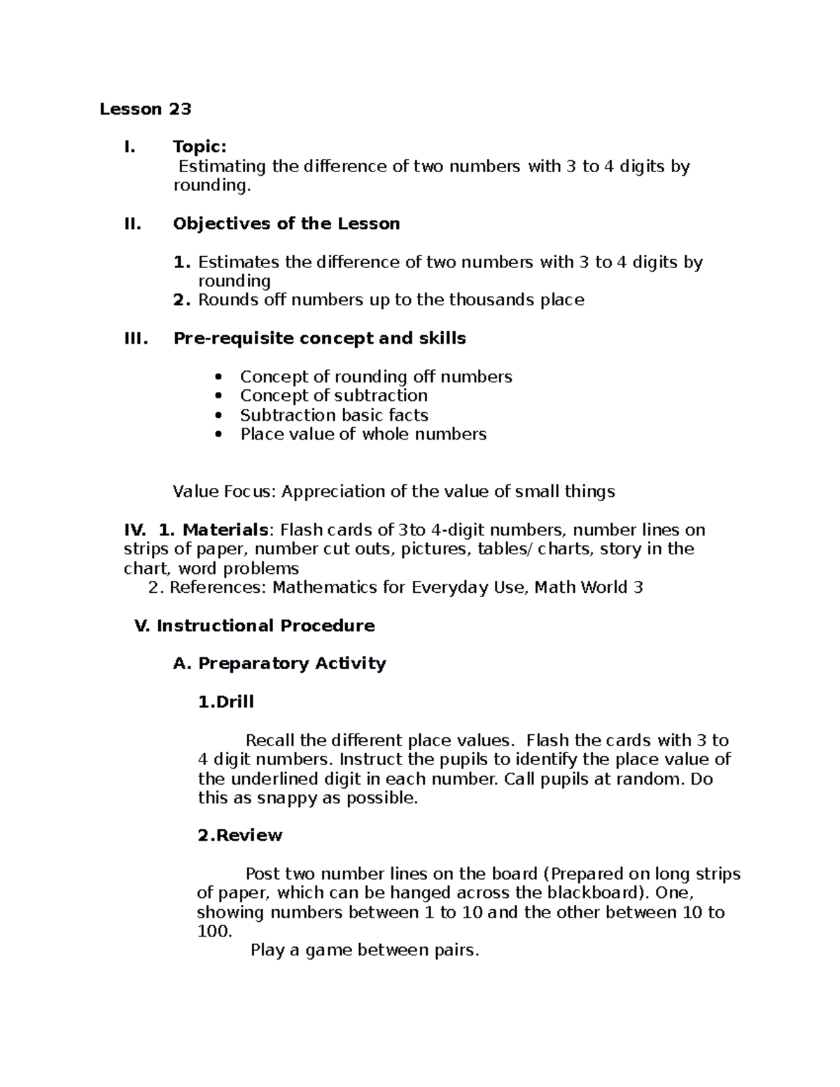 Lessons 23 to 44 - LESSON PLAN - Lesson 23 I. Topic: Estimating the ...