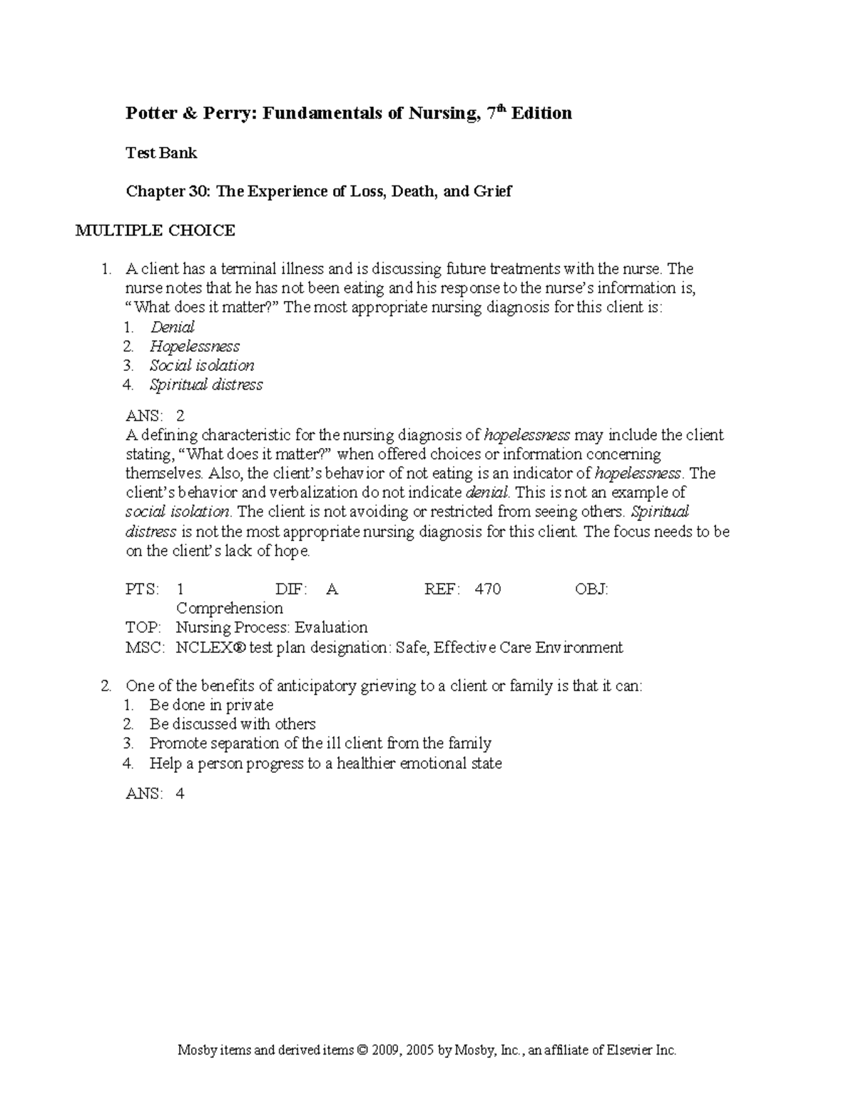 Loss death and grief - Pottery and Perry Test Bank - Potter & Perry ...