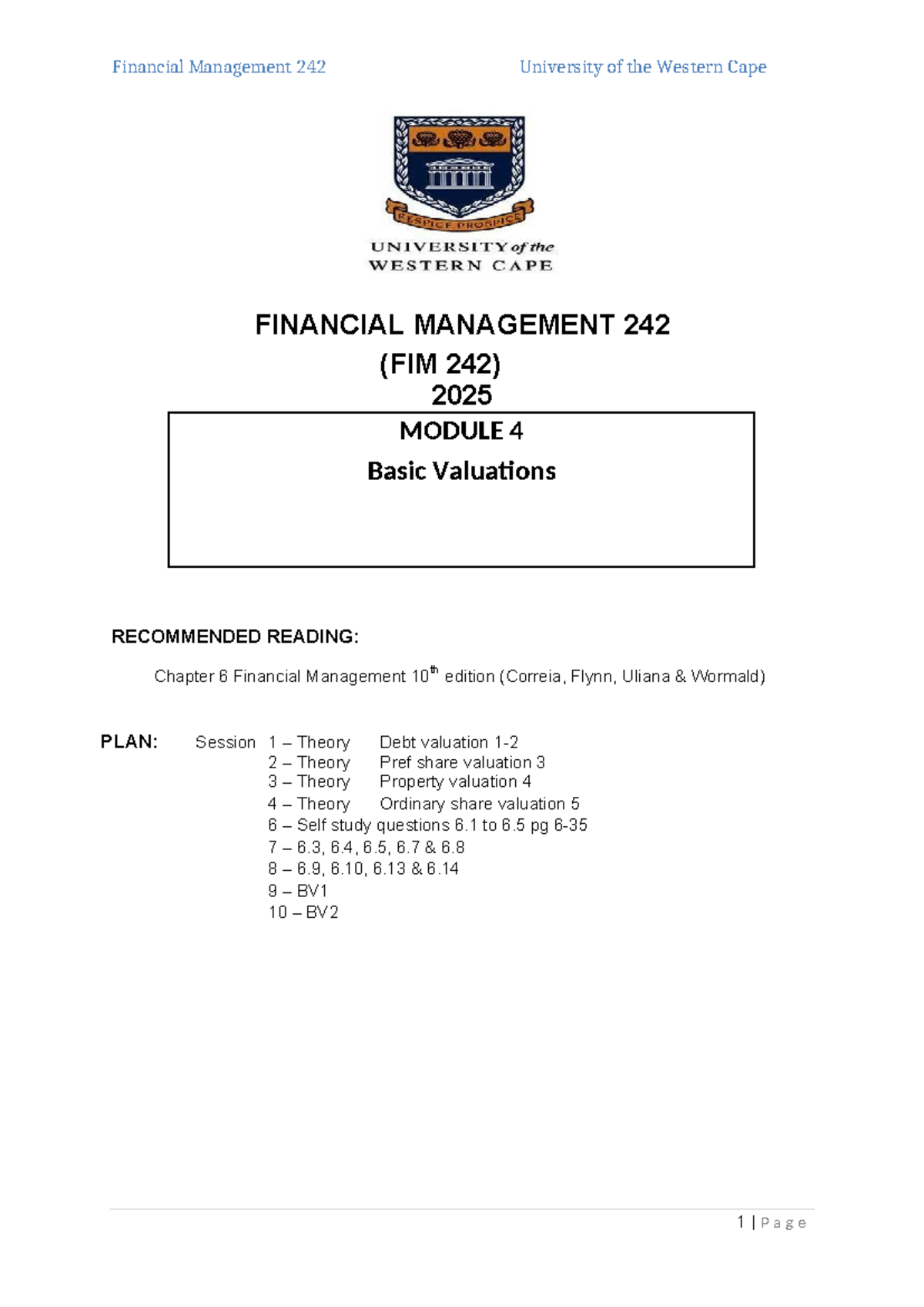 Financial Management 242: Basics of Valuations Overview - Studocu