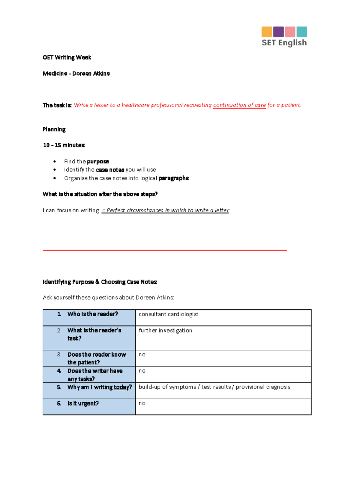 OET Writing - Medicine Timeline: Doreen Atkins Case Report - Studocu