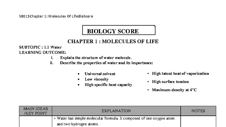 SB015 Chapter 1: Molecules of Life - Key Concepts and Properties - Studocu